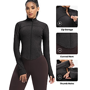 AVGO Women's Cropped Running Workout Jackets Zip Slim Fit Athletic Tops with Thumb Holes(Charcoal Black, S)