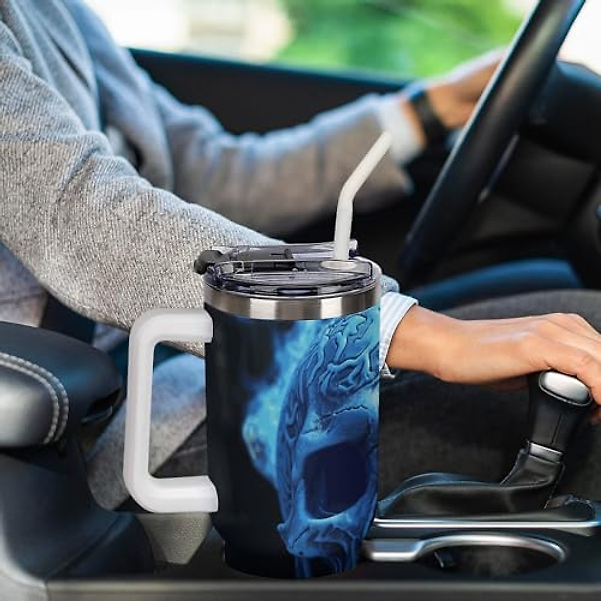 LLUTSNTH 40 Oz Vacuum Tumbler with White Handle Leakproof Insulated Tumbler 3D Print Blue Skull Stainless Steel Travel Mug with Lid And Straw Coffee Cup Cute Water Bottles Cup Holder Friendly
