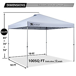 KUZNAP 10’x10’ Pop up Canopy Tent Patented EZ Set-up Canopy Instant Outdoor Canopy with Wheeled Carry Bag Bonus 4 Weight Sandbags, 8 Stakes and 4 Guyline Ropes, White