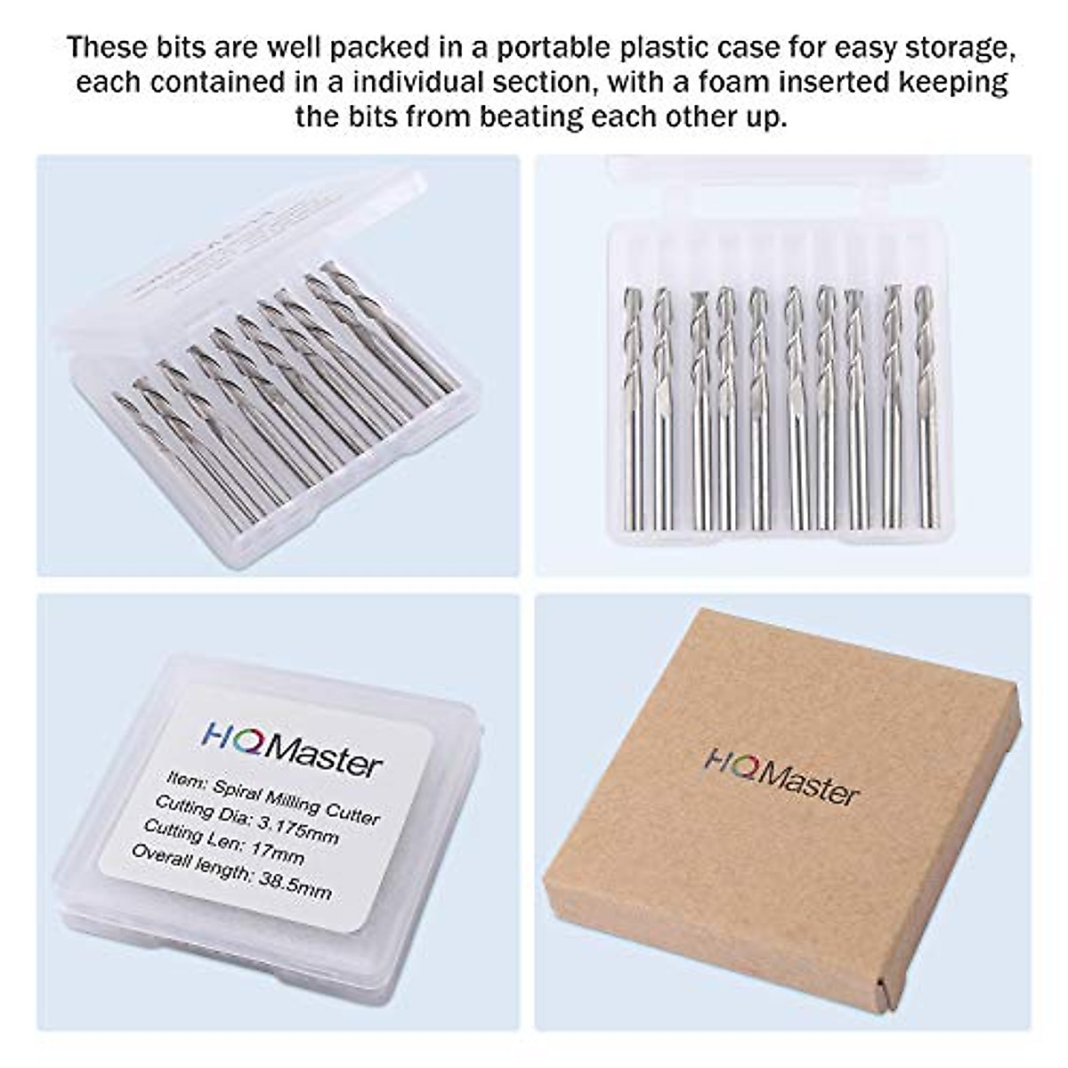 HQMaster CNC Router Bits 1/8" Shank CNC Bit End Mill Flat Nose Carbide Endmill Two Flute Spiral Upcut Milling Cutter Tool Set for Wood PVC MDF Hardwood 10Pcs (3.175 mm)