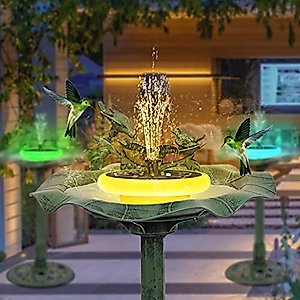 Solar Fountain Pump with RGB Lights Bird Bath Fountain with 6 Nozzles Free Standing Floating Solar Powered Water Fountain Pump for Patio Garden Bird Bath Pond Outdoor Pool