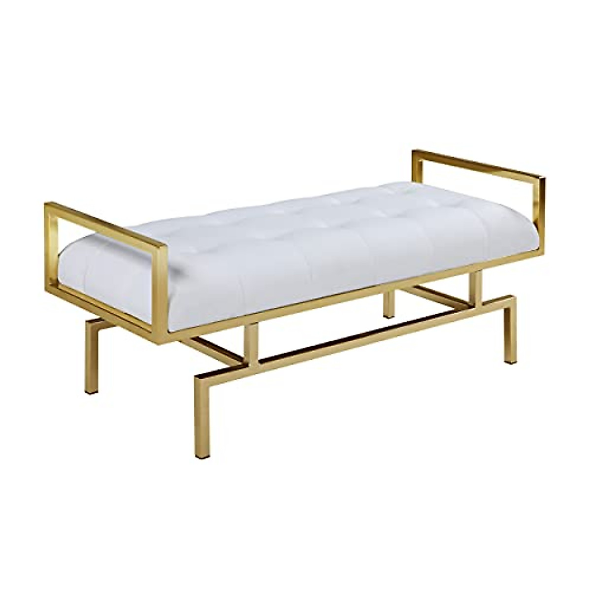 Iconic Home Bruno PU Leather Modern Contemporary Tufted Seating Goldtone Metal Leg Bench, White