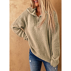 Dokotoo Oversized Quarter Zip Pullover Sweaters for Women Cute Waffle Knit Oversized Fall Winter Outfits Jumpers TopFashion V Neck Long Sleeve Warm Cozy Polo Ladies Khaki Sweater X-Large