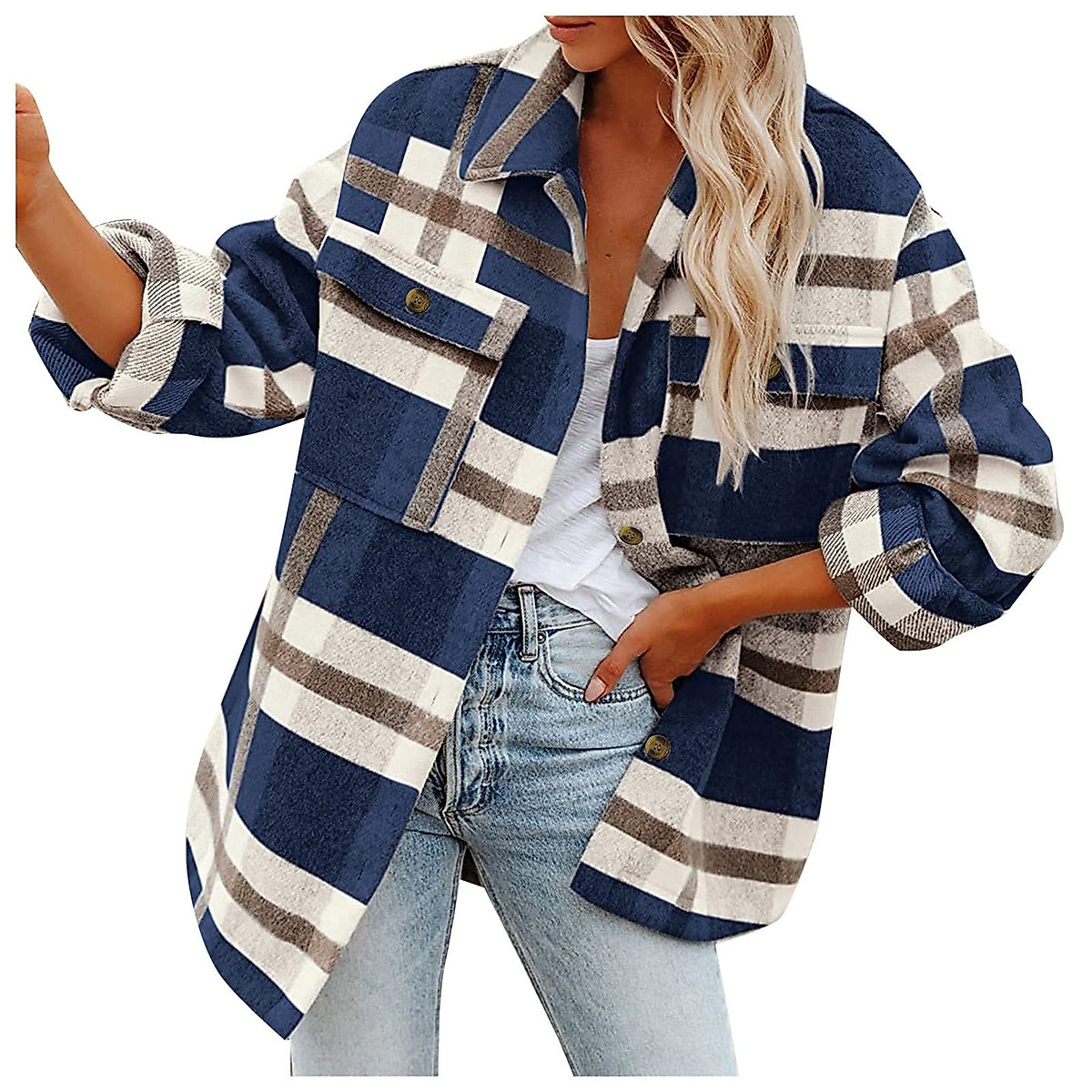 TTBDWiian Womens Plaid Jacket With Pockets Long Sleeve Button Down Shirts Flannel Shacket Jacket Fall Winter Casual Coat 2023