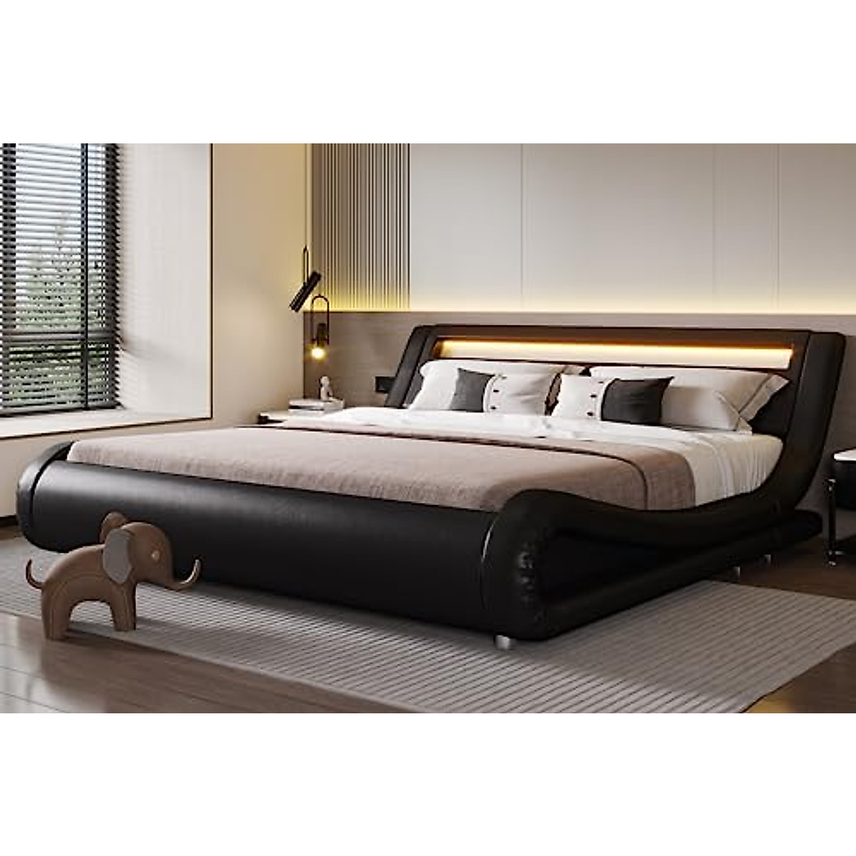 SHA CERLIN Wave-Like Curve Deluxe Upholstered Modern Bed Frame with LED Headboard/Mattress Foundation/No Box Spring Needed/Strong Wood Slats Support/Easy Assemble, Black, King