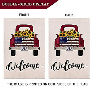 LHSION Welcome Red Truck Garden Flag 12.5 x 18 Inch Sunflowers Decorative Double Sided Burlap Flag for Summer Fall Decoration