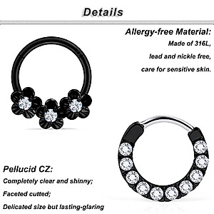Ocptiy 16G Septum Ring Piercing Jewelry 316L Stainless Surgical Steel Horseshoes Hinged Septum Seamless Hypoallergenic Cute Septum Clicker Nose Ring Earring Hoop Piercing Jewelry Men Women Black 10mm
