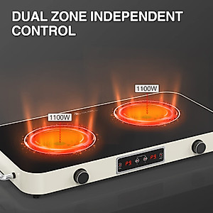QTYANCY Electric Cooktop, Portable Electric Stove 110V 2 Burners 9 Heating Levels with 2 Handle, 2200W Knob Control Child Safety Lock & Timer (Portable)