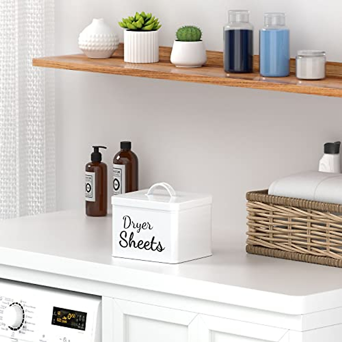 RuiNuyoah Farmhouse Metal Dryer Sheets Holder with Lid for Laundry Room Decor and Accessories, Modern Dryer Sheet Container for Storage and Organization, Large Dryer Sheet Dispenser White