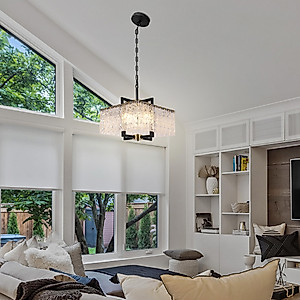 KINGTORO Modern Crystal Chandelier,16" Black Chandeliers for Dining Room, Adjustable Height,Water Ripple Glass,Hanging Pendant Light Fixture for Kitchen Island Entryway Foyer Hallway Living Room