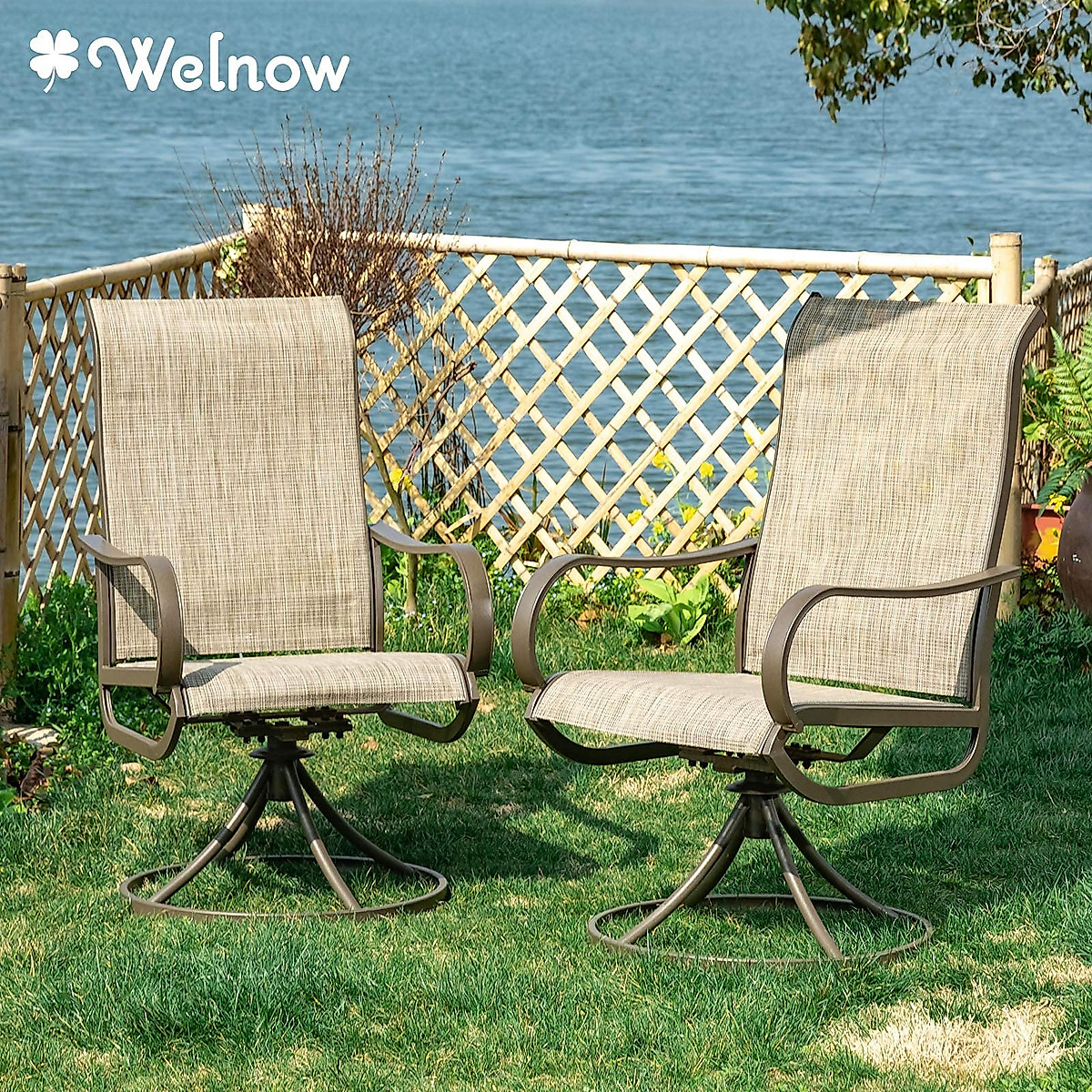Welnow 2 Piece Linen Patio Swivel Dining Chairs Outdoor Kitchen Garden Metal Chairs, Patio Furniture Gentle Rocker Chair with Textilene Mesh Fabric, Brown, Set of 2