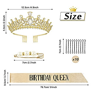 Makone Gold Birthday Decorations Tiara for Women, Birthday Queen Sash and Rhinestone Tiara Set with Combs, Crystal Hair Accessories for Women and Grils Birthday Party Decorations