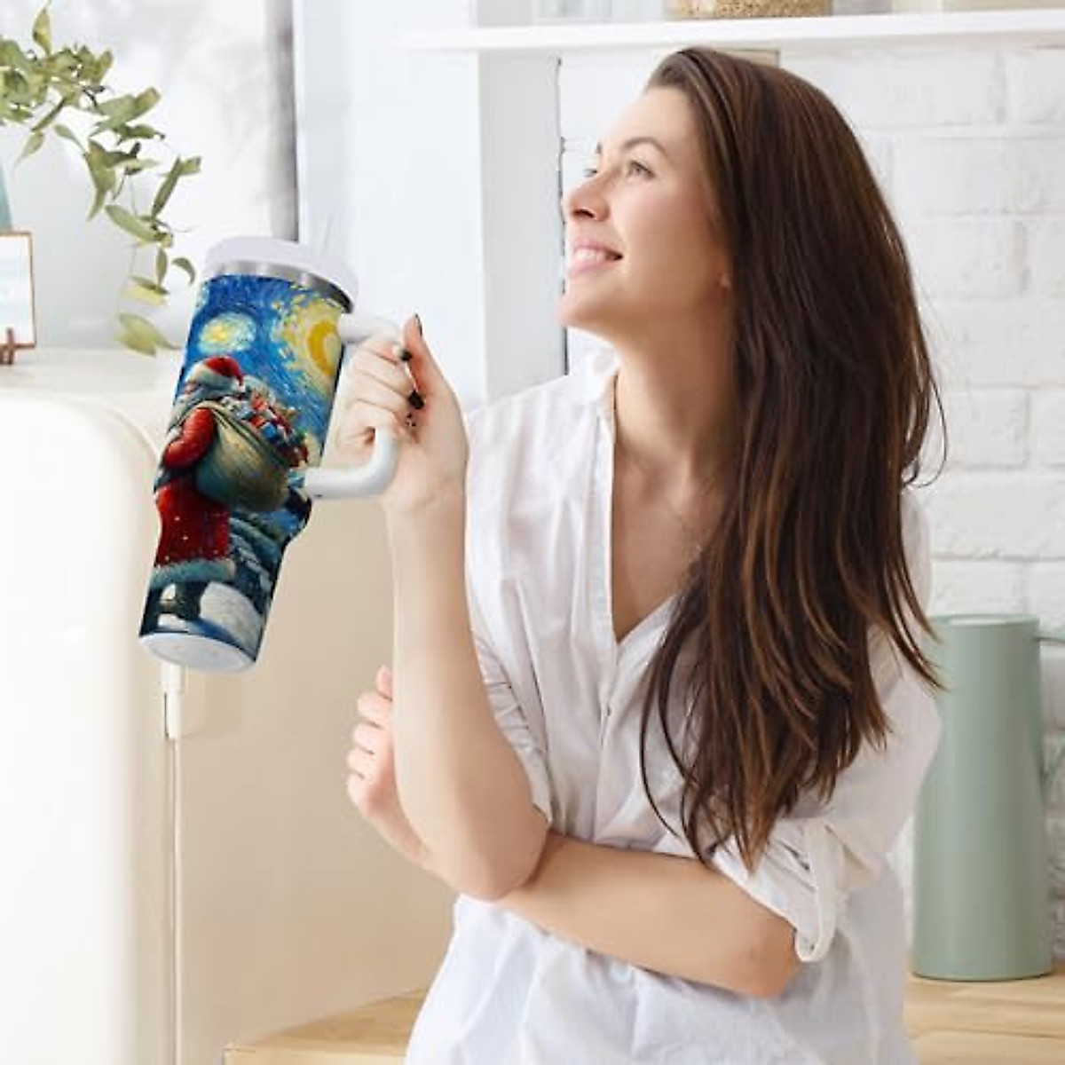 RPLIFE Christmas Santa Claus Starry Night 40 Oz Tumbler with Handle and Straw, Stainless Steel Cups with Lid, Tumblers for Women