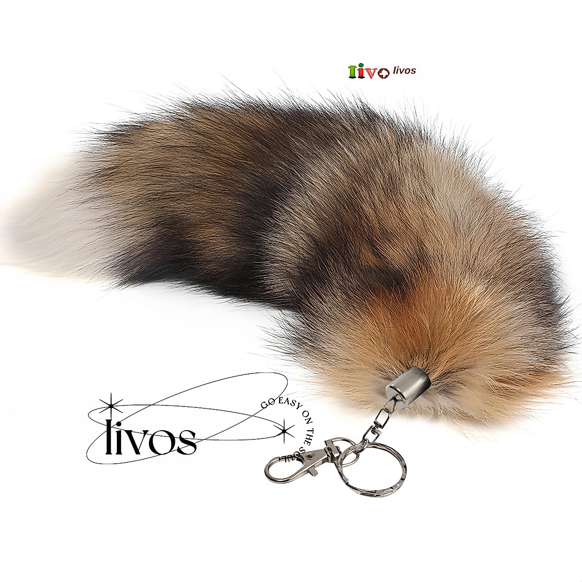 Iivos Fluffy Therian fox Tail Keychain - Soft Fur, Realistic Colors, Durable, Perfect for Cosplay, Renaissance Fairs (1, Sun Fox)