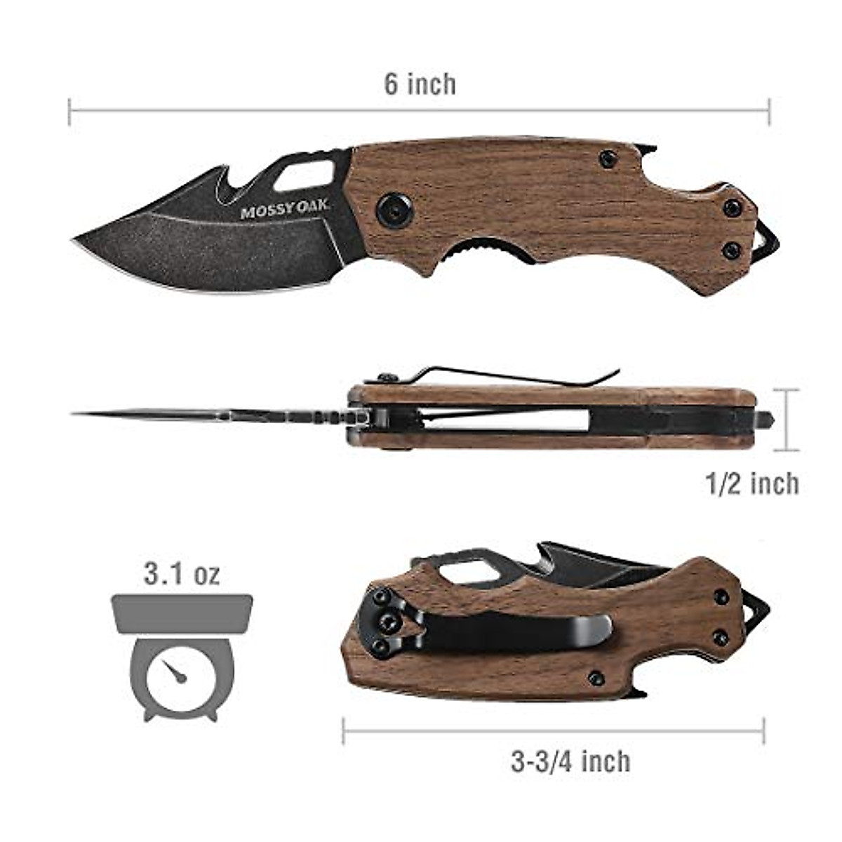 Mossy Oak Mini Folding Pocket Knife, Stainless Steel Drop Point Blade - EDC Multi-tool with Bottle Opener and Glass Breaker（Wood）