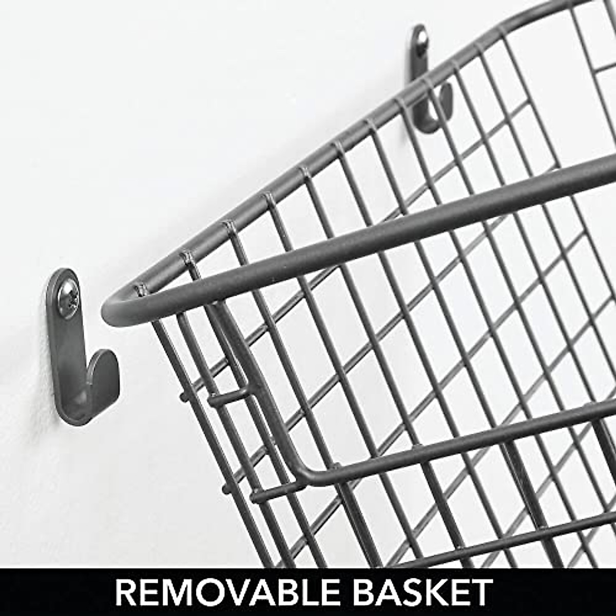 mDesign Portable Metal Farmhouse Wall Decor Storage Organizer Basket Bin with Handles for Hanging in Entryway, Mudroom, Bedroom, Bathroom, Laundry Room - Wall Mount Hooks Included, 2 Pack - Graphite