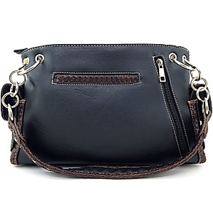 Justin West Rhinestone Cross Embroidery Flowers Leather Weave Pattern Concealed Carry Handbag Purse (Black)