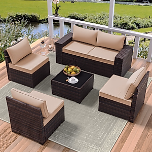RTDTD Outdoor Patio Furniture Set, 6 Pieces Outdoor Furniture All Weather Patio Sectional Sofa PE Wicker Modular Conversation Sets with Coffee Table,5 Chairs & Seat Clips(Brown)