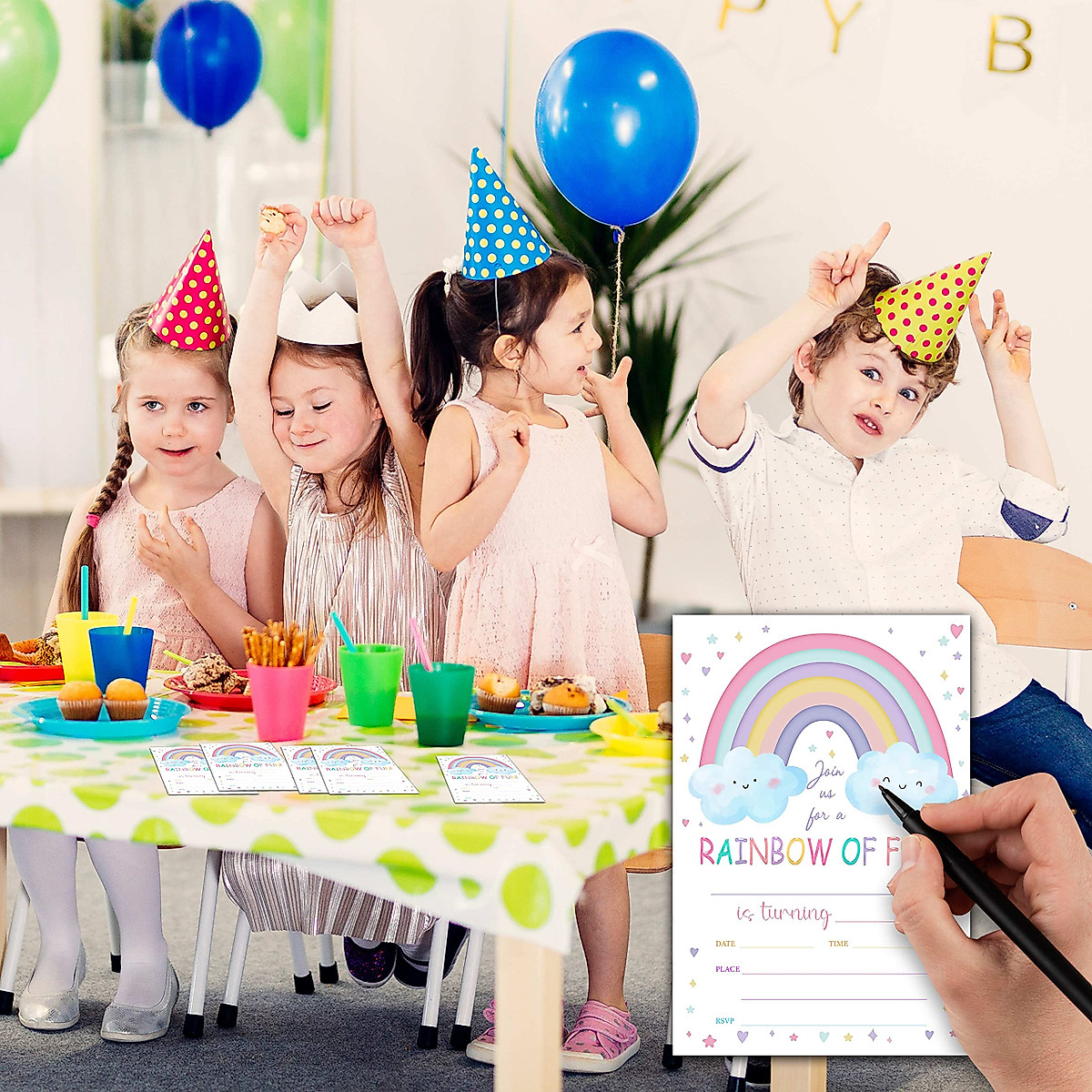 Buildinest Rainbow Birthday Party Invitations with Envelopes (20-Pack), 4"x6" Rainbow Cloud Heart Birthday Invitation Cards, Rainbow of Fun Party Invites-B31