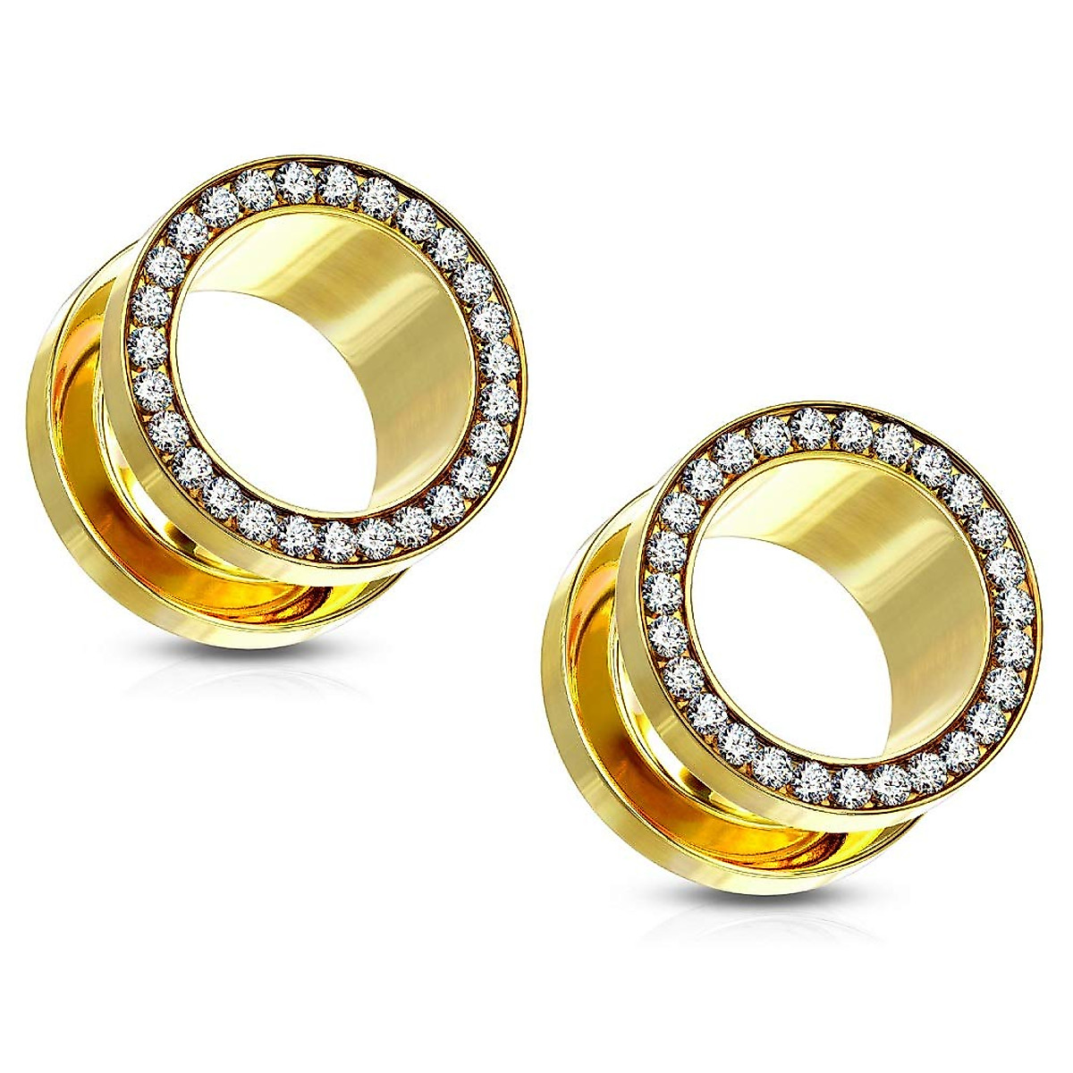 Stainless Steel CZ Crystal Lined Rim Screw Fit Tunnel Plug Gauges, Sold As Pair (Gold Tone, 19mm (3/4"))