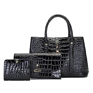 Retro Messenger Lock Bag Fashion Shoulder Handbags Three-piece Bags Crocodile Pattern Purses Female Top Handle Tote (Black)