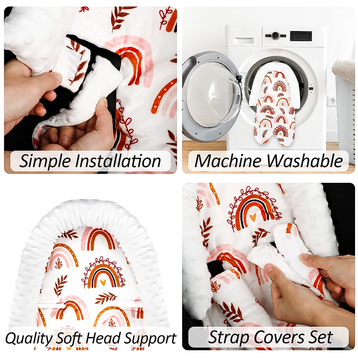 Infant Car Seat Head Support Rainbow Baby Carseat Head Support Cushion & Strap Covers for Newborns Ultra Soft Minky Dot Fabric Perfect for Baby Carseats, Strollers, Swing, and Bouncers