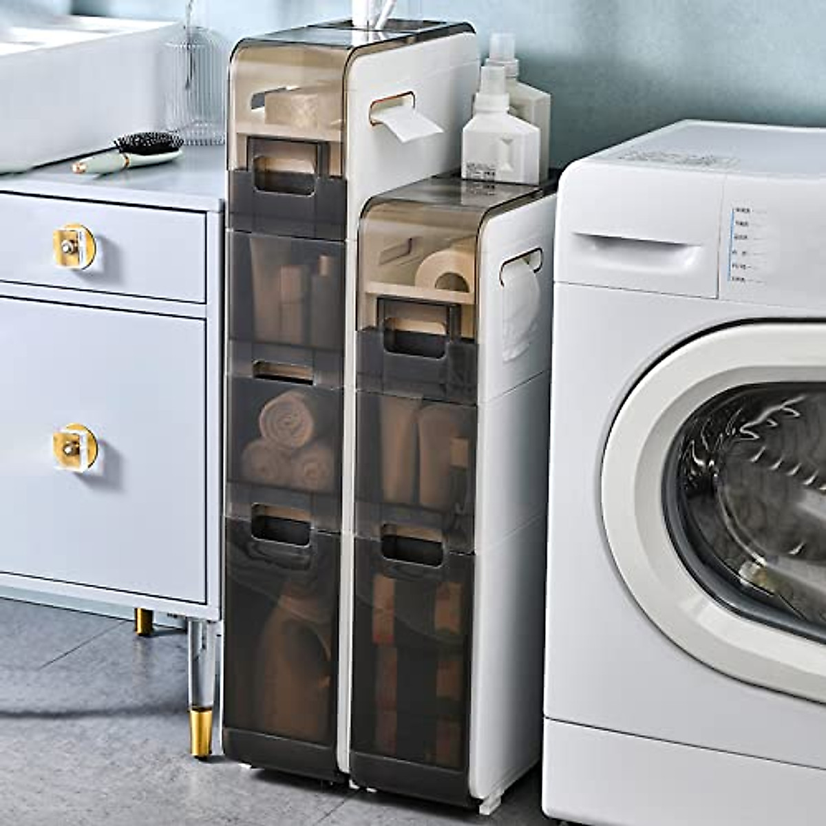 OEODJUJS 6.9" W Skinny Bathroom Storage Cabinet, 4 Tier Toilet Paper Holder Cabinet with Drawers, Narrow Pantry Cabinet for Bedroom/Kitchen Small Space, White