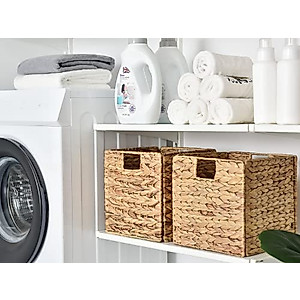 StorageWorks Wicker Storage Cubes with Liners, Water Hyacinth Storage Baskets for Shelving, Handwoven Square Baskets with Built-in Handles, Medium, 4 Pack
