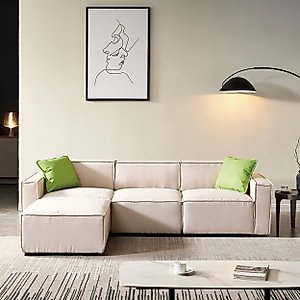 Tiokop Faux Leather Fabric Reversible 4 Seater Sectional Couch with Storage, Modular Sofa L Shape with Convertible Ottoman Chaise, Beige