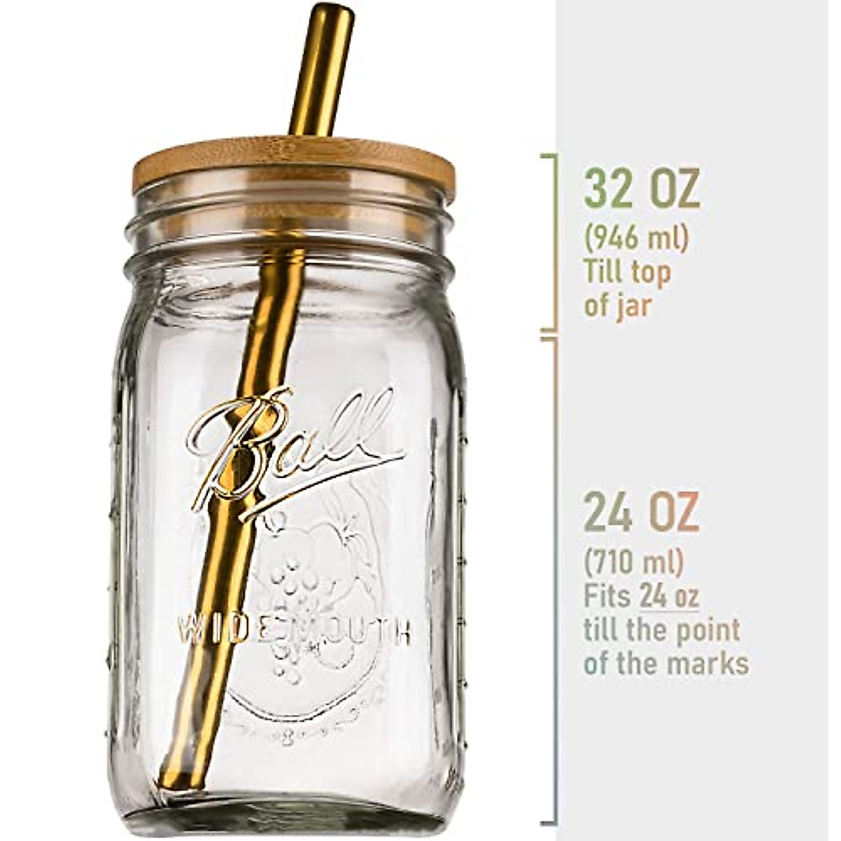 Reusable Boba Bubble Tea & Smoothie Cups - 2 Glass Wide Mouth 32oz Mason Jars with Bamboo Lids - 2 Reusable Gold Stainless Steel Boba Straws