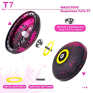 Yoyo T7 Responsive Yoyo for Kids, Aluminum Metal Beginner Yoyos with Narrow C Yoyo Bearing and Extra 5 Yoyo Strings + Yoyo Bag+ Yoyo Glove (Black&Pink Color)