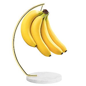 Livabber Banana Holder with Marble Base, Metal Banana Hanger Modern Tree Stand with Hook, Durable Banana Keeper Fresh Fruit Storage Organizer Freestanding for Kitchen Countertop (Gold, Single Hook)