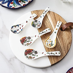 HonHeam Ceramic Soup Spoons Set, Bohemian Porcelain Rice Spoons, Colorful Glaze Flower Pattern Tableware Spoons Set of 4