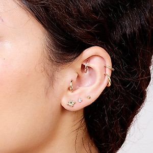 14K Solid Yellow Gold Cartilage Stud Earring 3mm Tragus Helix Ear Piercing Dainty Tiny Ball Earring for Upper Ear Piercing Internally Threaded Flat Back Jewelry Gift For Men Women(Single Piece)