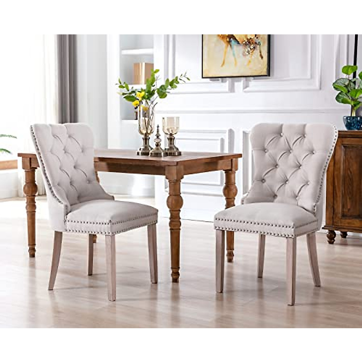 Kmax Linen Elegant Upholstered Dining Chairs, Fabric Armless Accent Chair with Ring Pull Solid Wood Legs, Set of 2 - Beige
