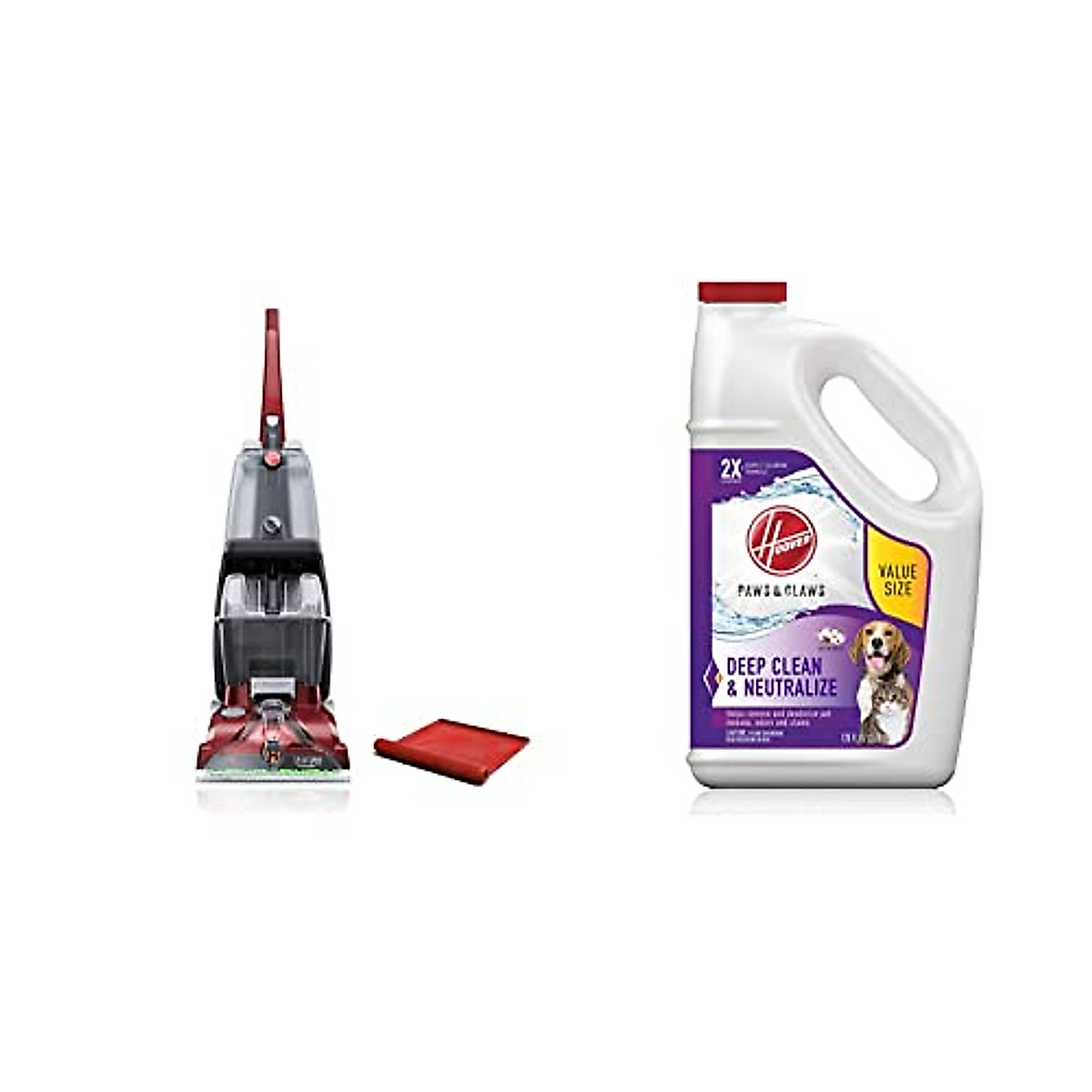 Hoover Power Scrub Deluxe Carpet Cleaner with Storage Mat, FH50150B and Hoover Paws & Claws Deep Cleaning Carpet Shampoo, Concentrated Machine Cleaner Solution for Pets, 128oz, AH30933, White