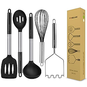 FONGLUAN Kitchen Utensils, Set of 5, Silicone Cooking Utensils Set with Stainless Steel Handle, Turner/Spatula, Spoon, Ladle, Whisk, Masher, Heat Resistant, Nonstick Cookware, Dishwasher Safe, Black