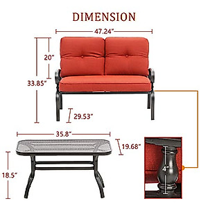 Oakmont Outdoor 2 Pcs Patio Loveseat Bench with Thick Cushions Coffee Table Metal Furniture Set Sofa, Wrought Iron Look(Red)
