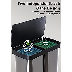 10 Gallon Dual Trash Can, Classified Recycling Bin for Kitchen Recycling and Trash, Double Compartment Trash Can Rubbish Bin with Lid, Plastic Inner Buckets, Stainless Steel, Soft-Close, Airtight