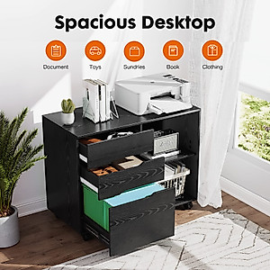 NEWBULIG 3-Drawer Mobile Cabinet Wood Lateral Filing, Printer Stand with Open Adjustable Storage Shelves and Wheels for Home Office, Black