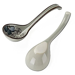 Ceramic Soup Spoons Set of 4 Porcelain Japanese Soup Spoon Long Handle Asian Soup Spoon Sets for Pho Ramen Noodles Wonton Dumpling Rice (Model 2#)