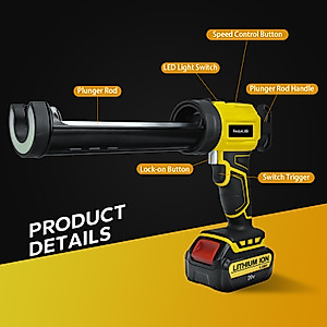 Cordless Caulking Gun for DeWALT 20V Battery, Electric Caulk Adhesive Gun with 450lm LED Light, 4 Adjustable Speeds, Drip-free Caulk Gun, 10oz/300ml Caulking Tool for Filling, Sealing(No Battery)