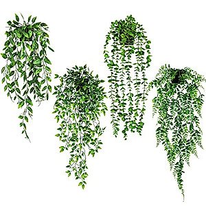 JPSOR 4pcs Artificial Hanging Plants, Fake Hanging Plants Potted Greenery Faux Persian Fern Fake Plants in Pot for Wall Room Patio Office Table Shelf Decor