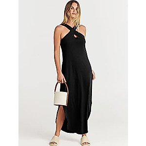 ANRABESS Women's Casual Loose Sleeveless Beach Dress Criss Cross Slit Maxi Sun Dresses 2023 Fashion Vacation Outfits Summer Clothes Resort Cruise Wear A453heise-XL Black