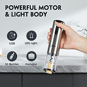KITVINOUS Electric Wine Opener Set with Charging Base, Automatic Wine Bottle Opener with Led Light, Durable Corkscrew with Wine Aerator & Preserver Vacuum Pump with 2 Stoppers, Foil Cutter, Silver