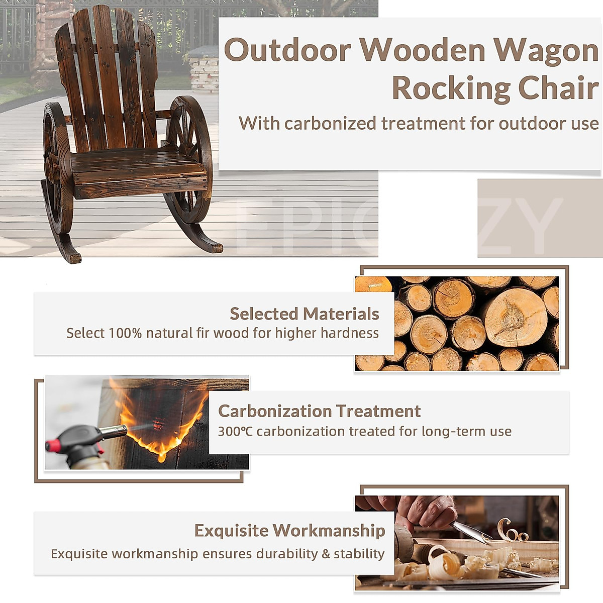 EPICOZY 2 Piece Outdoor Wood Wagon Rocking Chair, Patio Rustic Adirondack Porch Rocker with High Back & Slatted Seat, Carbonized Wood Rocker Chair with Wagon Wheel Armrest for Indoor, Backyard, Garden