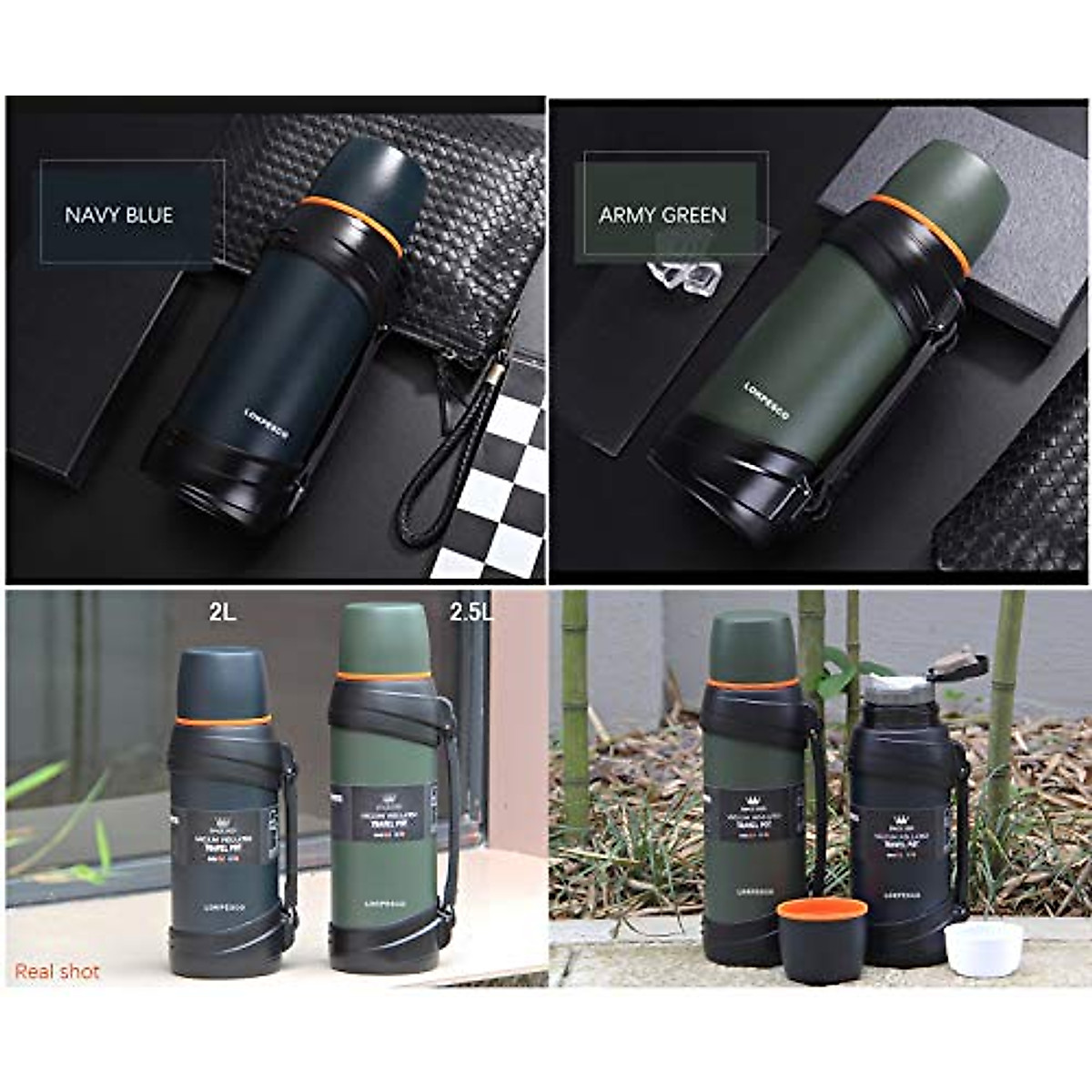 2L/68oz Large Coffee Bottle for Travel, Flasks for Hot and Cold Drinks, Stainless Steel Vacuum Insulated Hot Water Bottles with 2 Cups for Hiking/Camping, Keep Hot 24Hrs (Blue)