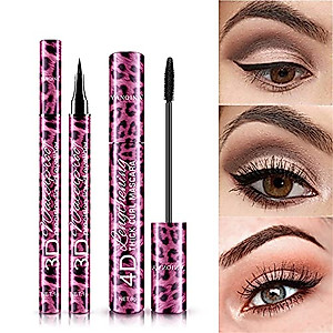 TBUIALL Waterproof Mascara 4d Fiber Mascara Black Volume and Length Not Easy to Fall off Liquid Eyeliner Set Mascara No Smudging Thickens Eye Makeup