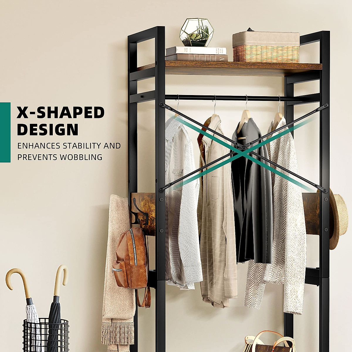 YITAHOME Small Heavy Duty Clothes Rack with Storage Shelves and Hanging Rod, Industrial Hall Tree Garments Rack, Freestanding Closet Organizer for Small Space, Entryway, Bedroom, Rustic Brown