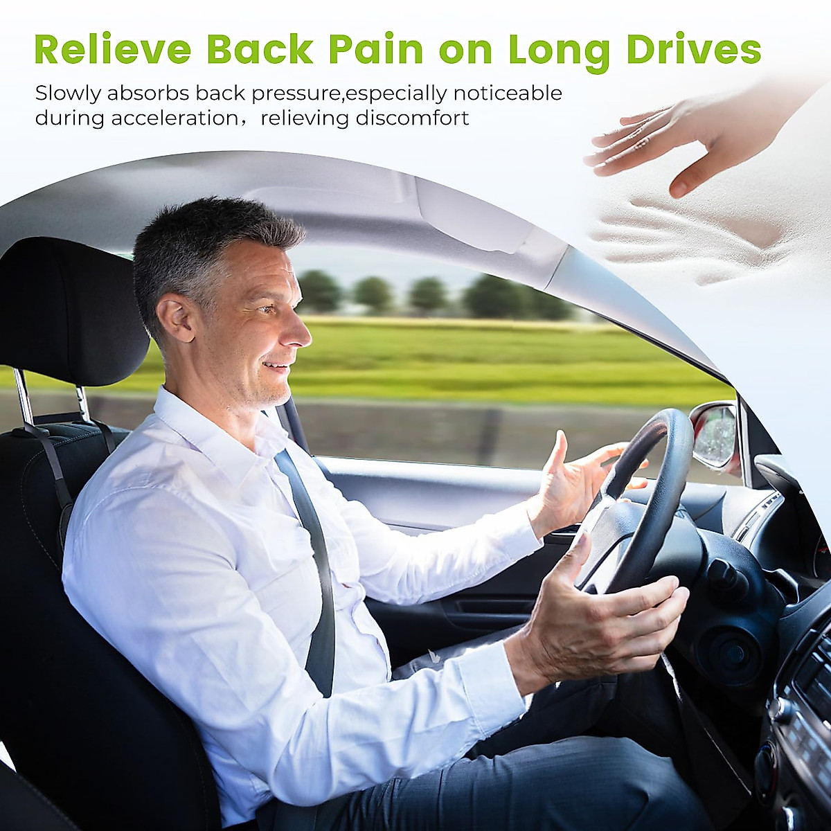 Lumbar Support Pillow for Car - Back Support for Medium to Large Vehicles - Soft Memory Foam Car Seat Cushion for Back Pain Relief - Dual Adjustable Straps Securely Fixed Car Lumbar Support -Black